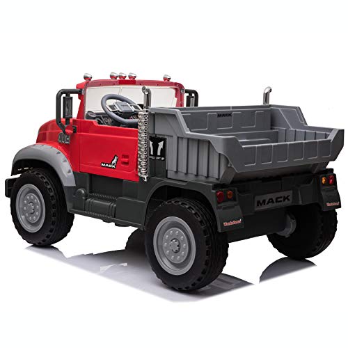 Mack Granite Dump Truck Two Seater Ride On in Red, 12V Battery Powered, Best for Kids/Children/Boys/Girls