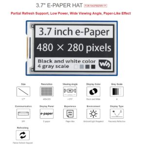 waveshare 3.7inch E-Ink Display HAT for Raspberry Pi 4B/3B+/3B/2B/Zero/Zero W/WH,Jetson Nano 480×280 Pixels Black White eink Display e-Paper HAT,4 Grey Scales,SPI Interface