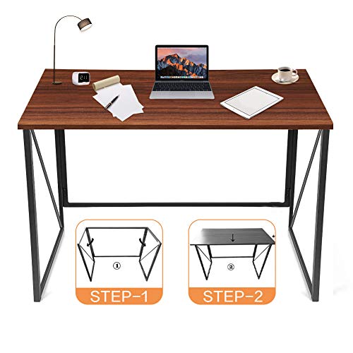 DESTURE Home Office Computer Desk, Easy Two Step Quick Folding Small Desk Home Office Study Desk Metal Frame, Modern Simple Laptop Table Brown 40''