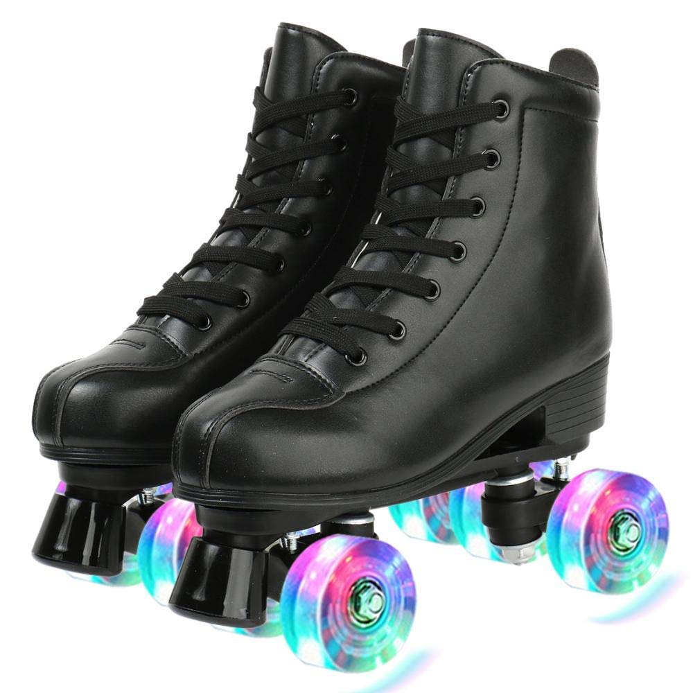 XUDREZ Roller Skates, Double Row Skates Adjustable Leather High-top Roller Skates Perfect Indoor Outdoor Adult Roller Skates with Bag (Flash Wheel,Women's 8 / Men's 6.5)