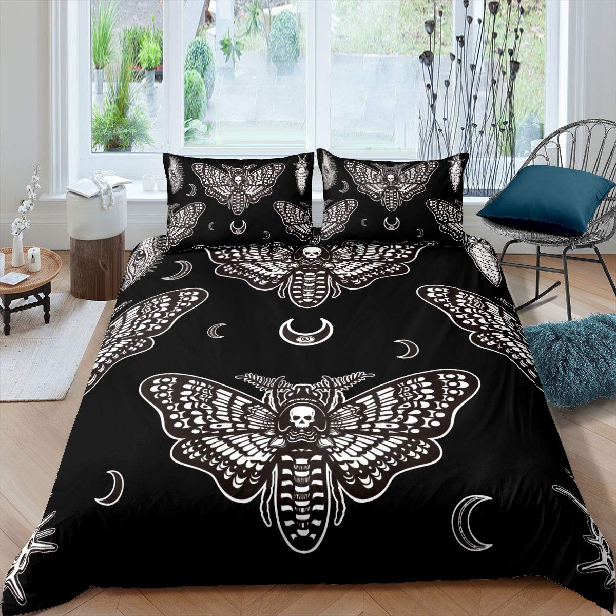 Feelyou Boys Boho Moth Duvet Cover King Size Men Gothic Skull Bedding Set for Girls Women Bedroom Decor Bohemian Moon Star Comforter Cover Personalized Moth Skull Skeleton Bones Bedspread Cover 3Pcs