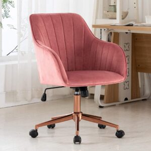 DUHOME Home Office Chair Computer Desk Chair Armchair Task Chair Velvet Upholstered Chair Height Adjustable Comfortable Stool Swivel Rolling Chair with Rose Gold Metal Base Pink