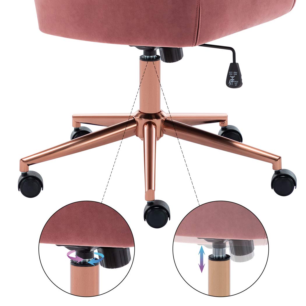 DUHOME Home Office Chair Computer Desk Chair Armchair Task Chair Velvet Upholstered Chair Height Adjustable Comfortable Stool Swivel Rolling Chair with Rose Gold Metal Base Pink