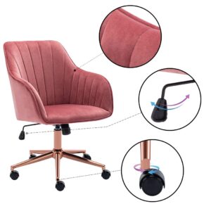 DUHOME Home Office Chair Computer Desk Chair Armchair Task Chair Velvet Upholstered Chair Height Adjustable Comfortable Stool Swivel Rolling Chair with Rose Gold Metal Base Pink