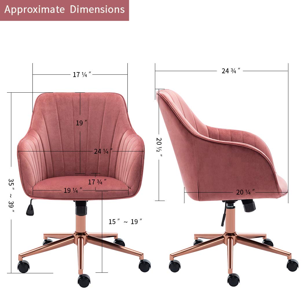 DUHOME Home Office Chair Computer Desk Chair Armchair Task Chair Velvet Upholstered Chair Height Adjustable Comfortable Stool Swivel Rolling Chair with Rose Gold Metal Base Pink