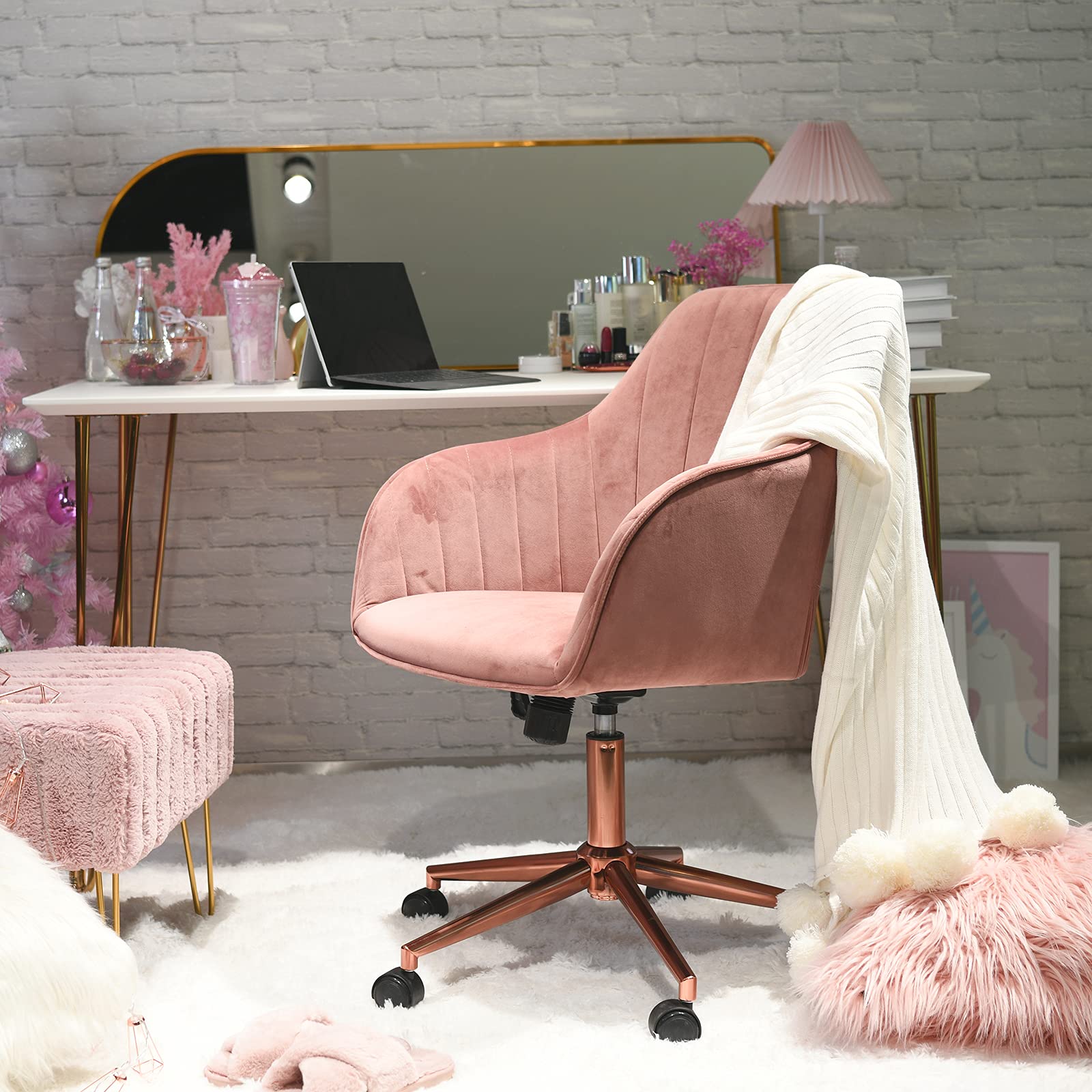 DUHOME Home Office Chair Computer Desk Chair Armchair Task Chair Velvet Upholstered Chair Height Adjustable Comfortable Stool Swivel Rolling Chair with Rose Gold Metal Base Pink