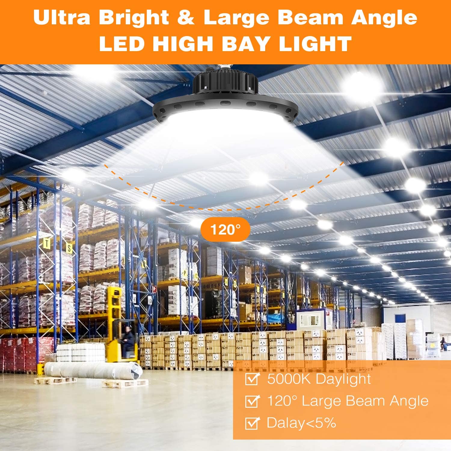 UFO LED High Bay Light 200W 30000lm 0-10V Dimmable UL Certified Driver 5000K IP65 Waterproof UL Approved 6' Cable with US Plug Alternative to 800W MH/HPS widely Used for Warehouse Workshop Factory