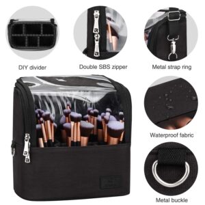 Makeup Brush Case Stand-up Makeup Cup Makeup Brush Holder Travel Professional Cosmetic Bag Artist Storage Bag with Shoulder Strap and Adjustable Divider (Large, Black)