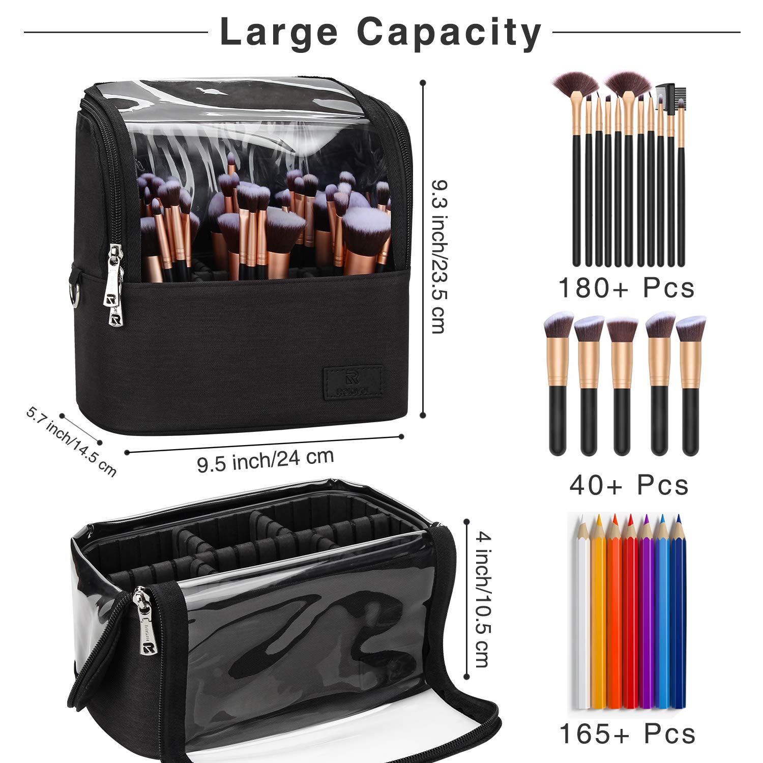 Makeup Brush Case Stand-up Makeup Cup Makeup Brush Holder Travel Professional Cosmetic Bag Artist Storage Bag with Shoulder Strap and Adjustable Divider (Large, Black)