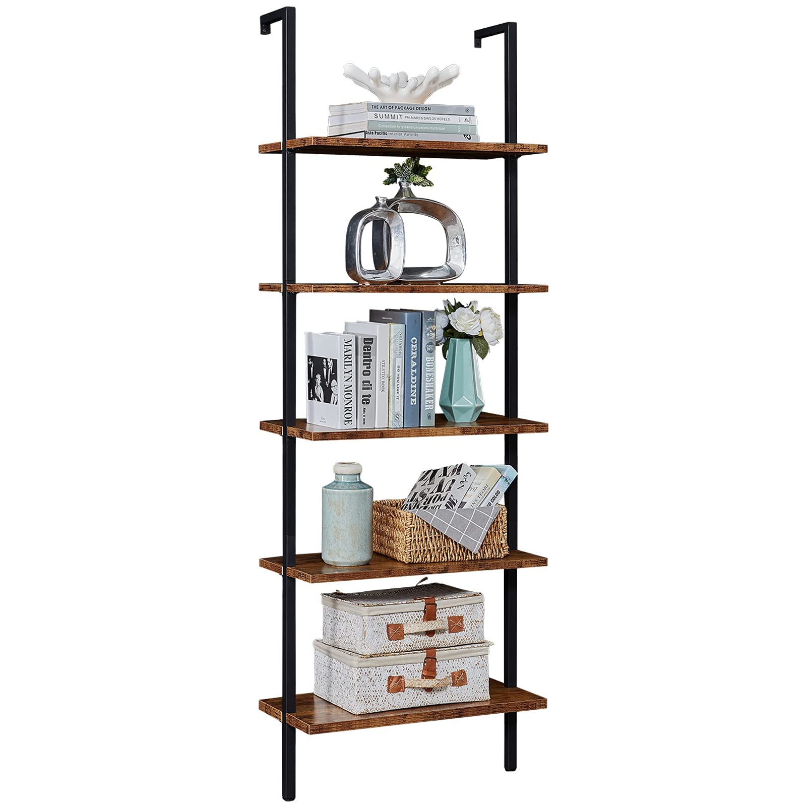 SUPERJARE Industrial Ladder Shelf, 5-Tier Wood Wall-Mounted Bookcase with Stable Metal Frame, 72 Inches Storage Rack Shelves Display Plant Flower, Stand Bookshelf for Home Office - Rustic Brown