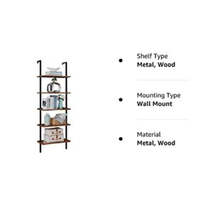 SUPERJARE Industrial Ladder Shelf, 5-Tier Wood Wall-Mounted Bookcase with Stable Metal Frame, 72 Inches Storage Rack Shelves Display Plant Flower, Stand Bookshelf for Home Office - Rustic Brown