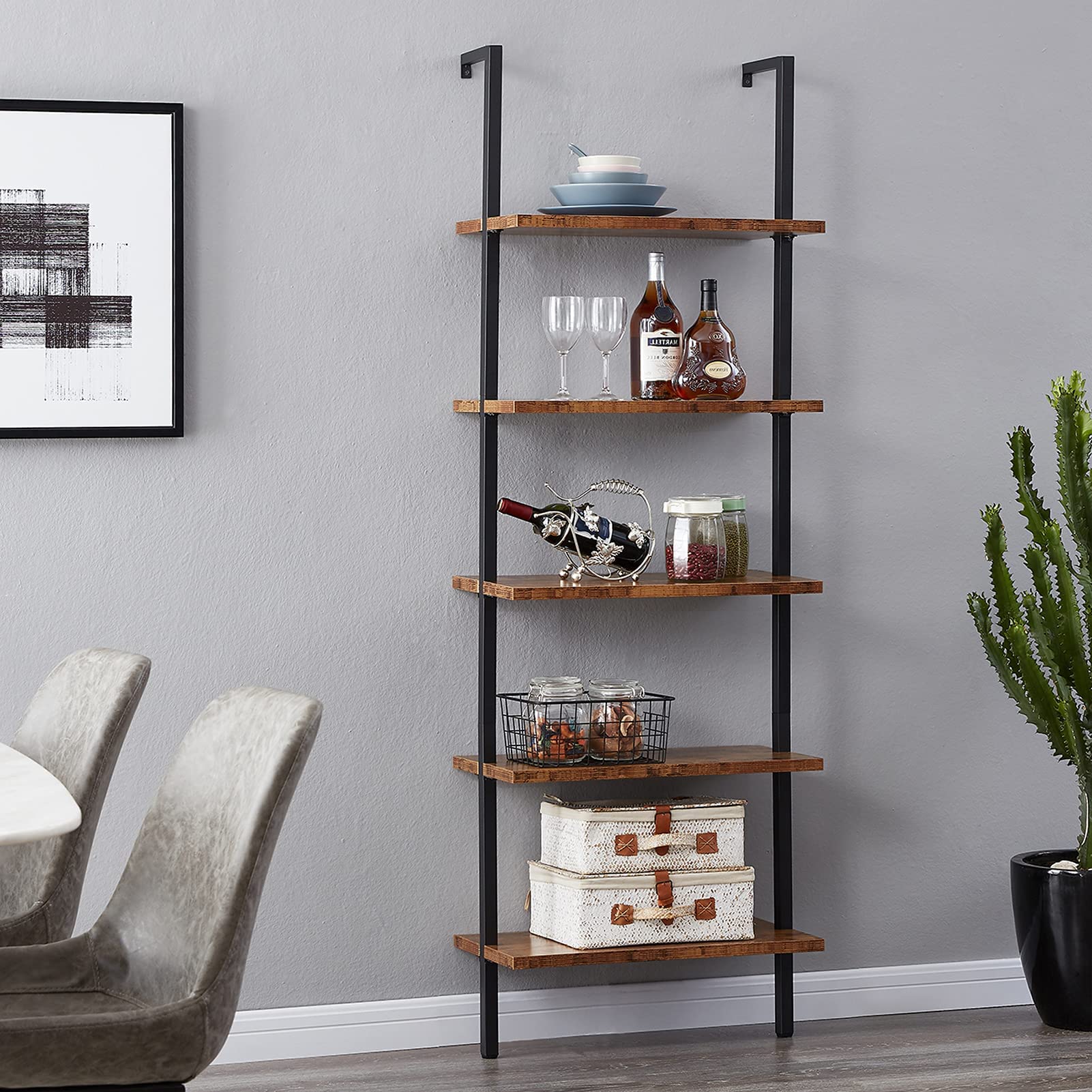 SUPERJARE Industrial Ladder Shelf, 5-Tier Wood Wall-Mounted Bookcase with Stable Metal Frame, 72 Inches Storage Rack Shelves Display Plant Flower, Stand Bookshelf for Home Office - Rustic Brown