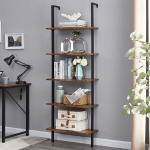 SUPERJARE Industrial Ladder Shelf, 5-Tier Wood Wall-Mounted Bookcase with Stable Metal Frame, 72 Inches Storage Rack Shelves Display Plant Flower, Stand Bookshelf for Home Office - Rustic Brown