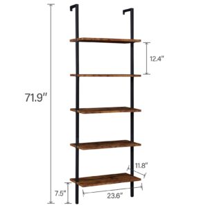 SUPERJARE Industrial Ladder Shelf, 5-Tier Wood Wall-Mounted Bookcase with Stable Metal Frame, 72 Inches Storage Rack Shelves Display Plant Flower, Stand Bookshelf for Home Office - Rustic Brown