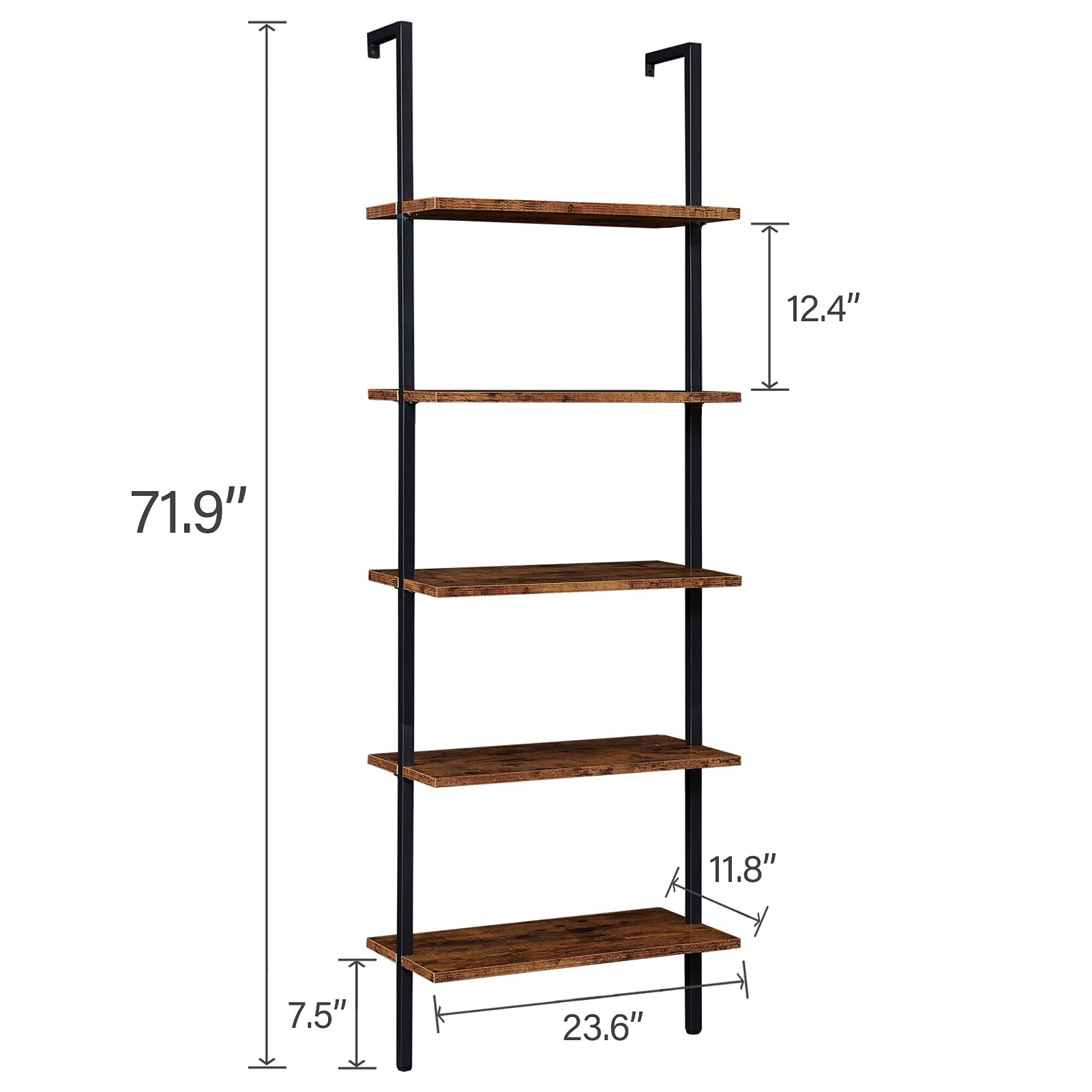 SUPERJARE Industrial Ladder Shelf, 5-Tier Wood Wall-Mounted Bookcase with Stable Metal Frame, 72 Inches Storage Rack Shelves Display Plant Flower, Stand Bookshelf for Home Office - Rustic Brown