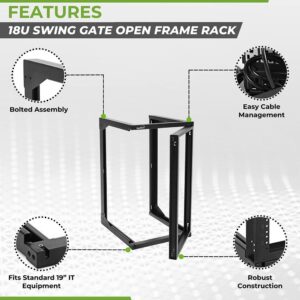 NavePoint 18U Server Rack with Swing Gate - 18U Wall Mount Rack for 19 Inch IT Equipment Open Frame Rack – Network Rack Wall Mount for AV & Server Equipment 24” Deep 18U Rack, Black