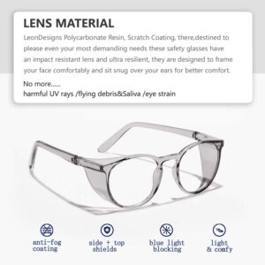 LeonDesigns Anti-Fog Stylish Round Safety Glasses Side Shields | UV Eye Protection HD Blue Light Blocking Glasses | Comfortable Clear Lab Goggles for Men and Wome (Black)