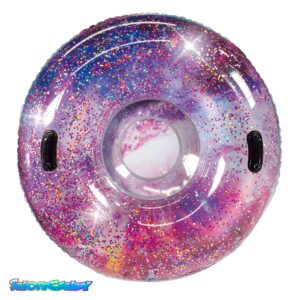 Winter Fun Inflatable Glitter Filled Pink Galactic Snow Tube. Jumbo 48 inch Snow Tube for Kids or Adults. Include Sure Grip Handles for Maximum Safety.