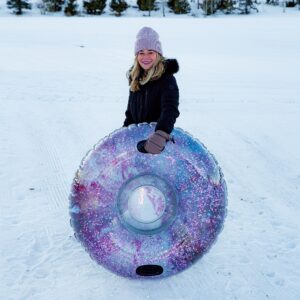 Winter Fun Inflatable Glitter Filled Pink Galactic Snow Tube. Jumbo 48 inch Snow Tube for Kids or Adults. Include Sure Grip Handles for Maximum Safety.