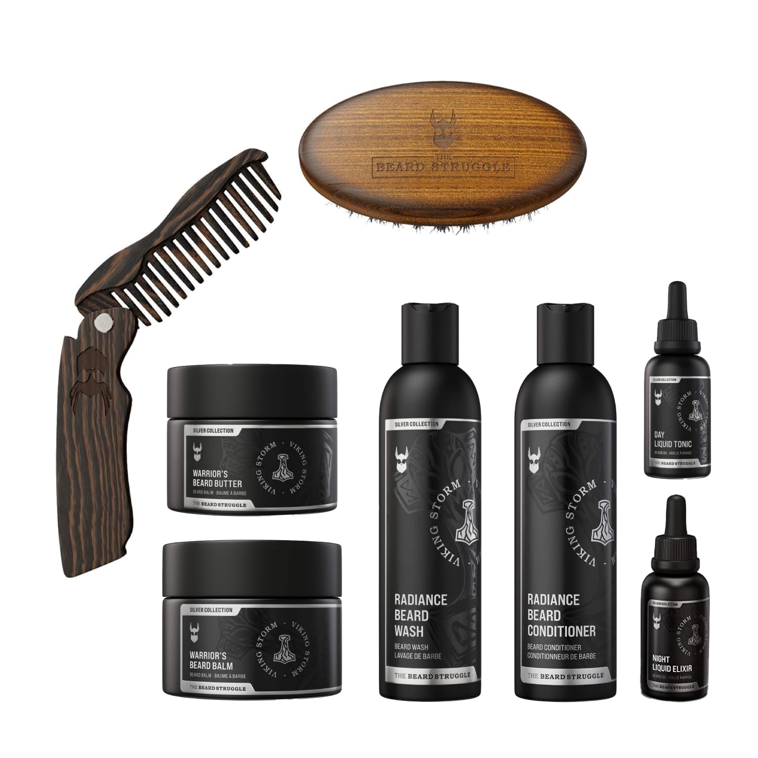 The Beard Struggle Ultimate Beard Growth Kit for Men Balm, Butter, Brush, Comb, Oil, Wash, & Conditioner for Moisturizing Beard - Viking Storm, Silver Collection