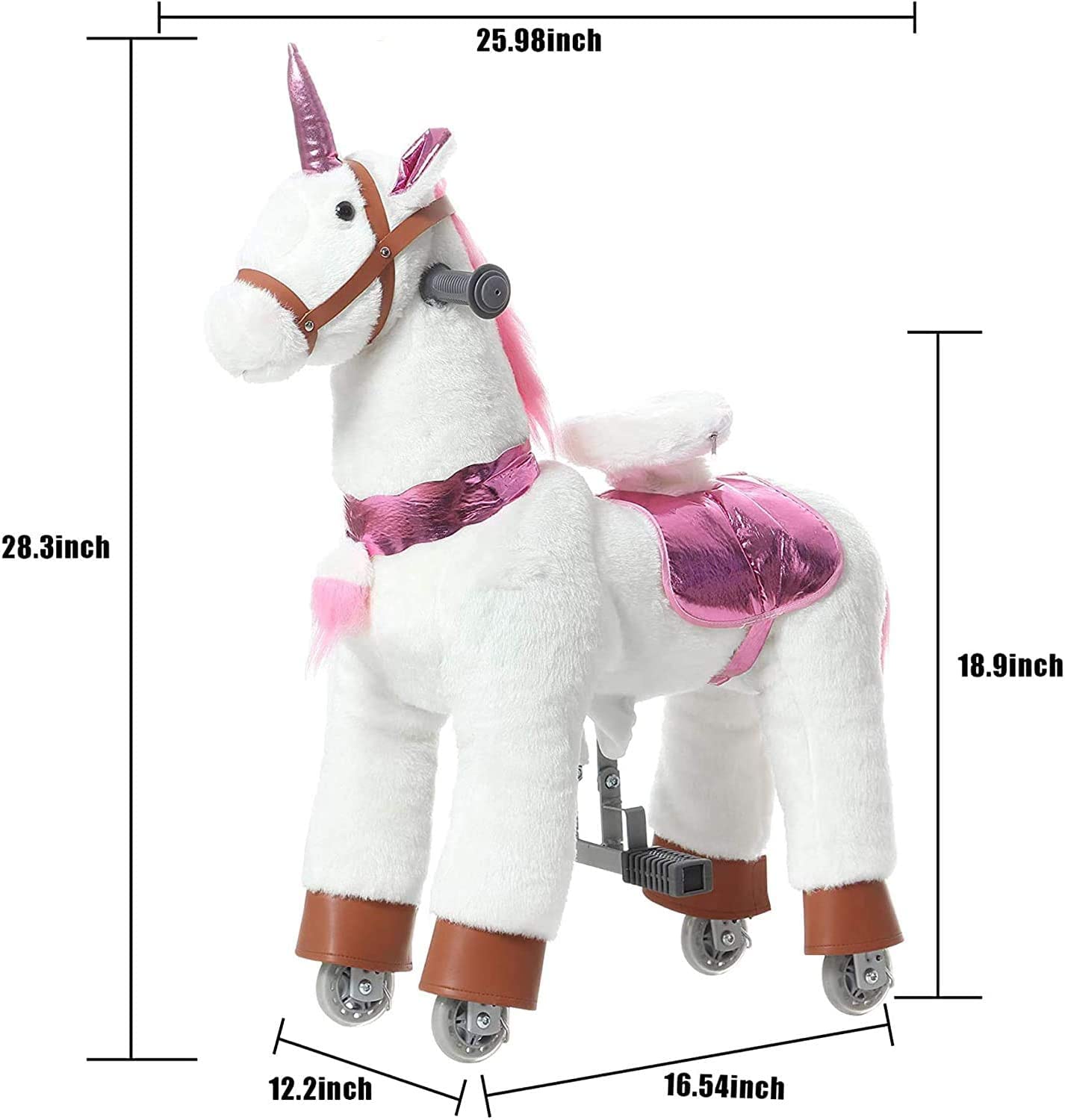 PONYEEHAW Walking Horse Ride On Toy Plush Animal Pink Unicorn Small Size for Ages 3-6 Years