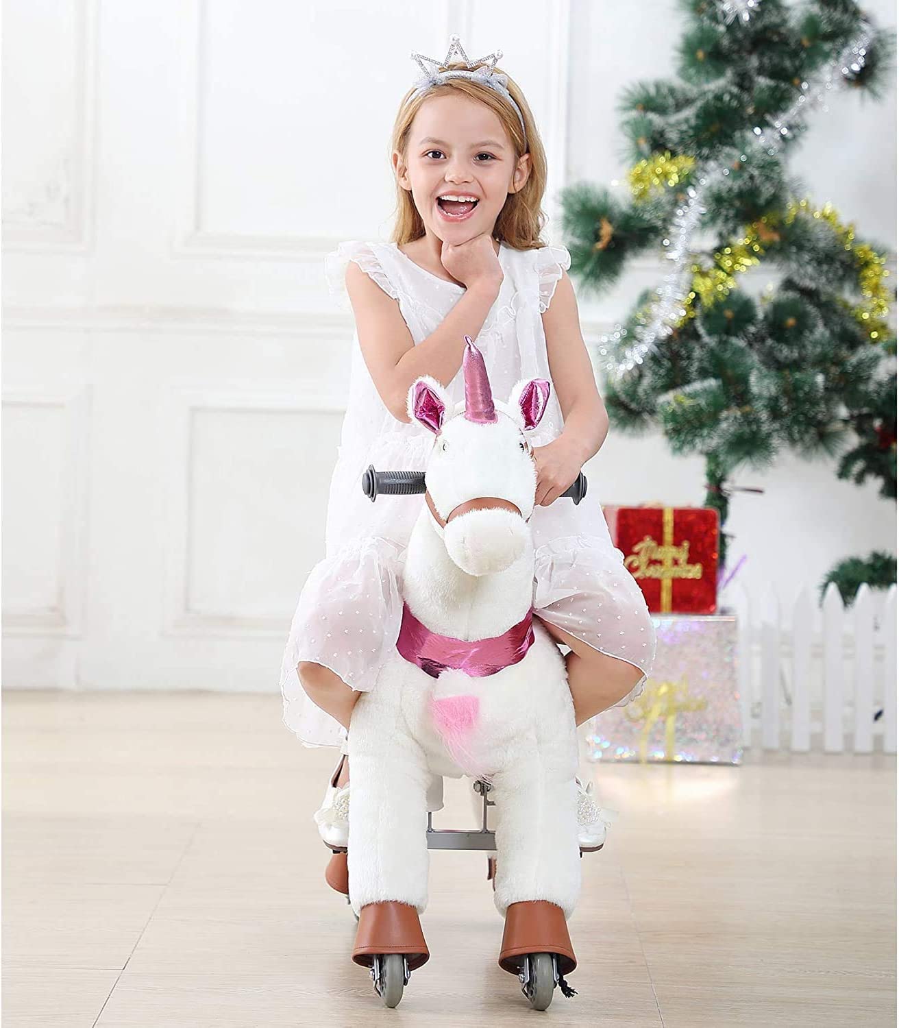 PONYEEHAW Walking Horse Ride On Toy Plush Animal Pink Unicorn Small Size for Ages 3-6 Years