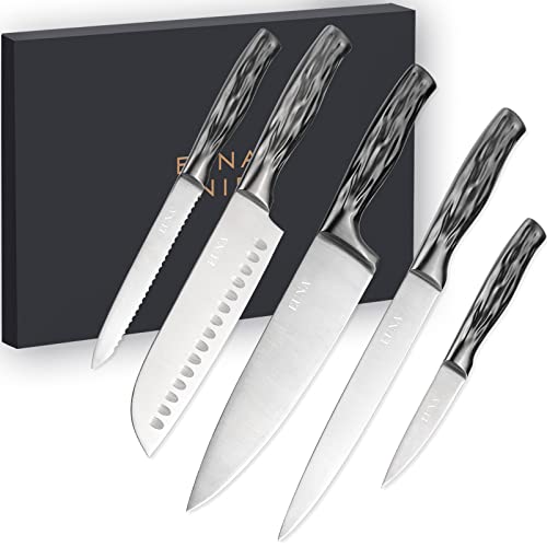 EUNA Chef Knife Set, 5 Pieces Ultra Sharp Kitchen Knife Set High Carbon Stainless Steel Cooking Knives Set with PP Ergonomic Handle, Sheaths and Gift Box (Grey)