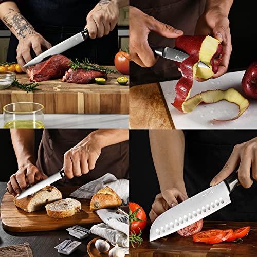 EUNA Chef Knife Set, 5 Pieces Ultra Sharp Kitchen Knife Set High Carbon Stainless Steel Cooking Knives Set with PP Ergonomic Handle, Sheaths and Gift Box (Grey)