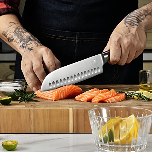 EUNA Chef Knife Set, 5 Pieces Ultra Sharp Kitchen Knife Set High Carbon Stainless Steel Cooking Knives Set with PP Ergonomic Handle, Sheaths and Gift Box (Grey)