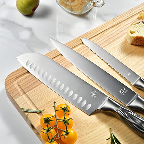 EUNA Chef Knife Set, 5 Pieces Ultra Sharp Kitchen Knife Set High Carbon Stainless Steel Cooking Knives Set with PP Ergonomic Handle, Sheaths and Gift Box (Grey)