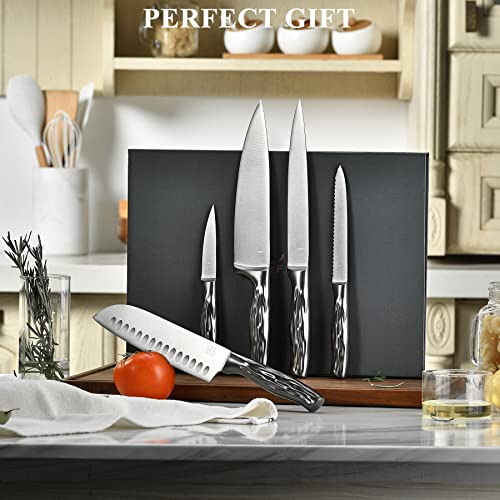 EUNA Chef Knife Set, 5 Pieces Ultra Sharp Kitchen Knife Set High Carbon Stainless Steel Cooking Knives Set with PP Ergonomic Handle, Sheaths and Gift Box (Grey)