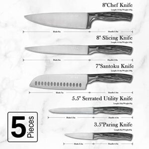 EUNA Chef Knife Set, 5 Pieces Ultra Sharp Kitchen Knife Set High Carbon Stainless Steel Cooking Knives Set with PP Ergonomic Handle, Sheaths and Gift Box (Grey)