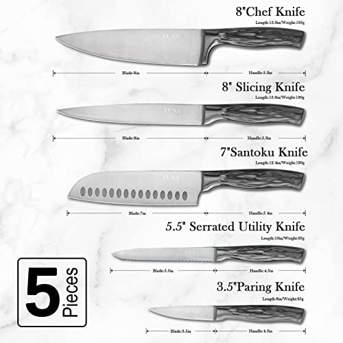 EUNA Chef Knife Set, 5 Pieces Ultra Sharp Kitchen Knife Set High Carbon Stainless Steel Cooking Knives Set with PP Ergonomic Handle, Sheaths and Gift Box (Grey)