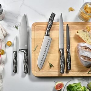 EUNA Chef Knife Set, 5 Pieces Ultra Sharp Kitchen Knife Set High Carbon Stainless Steel Cooking Knives Set with PP Ergonomic Handle, Sheaths and Gift Box (Grey)