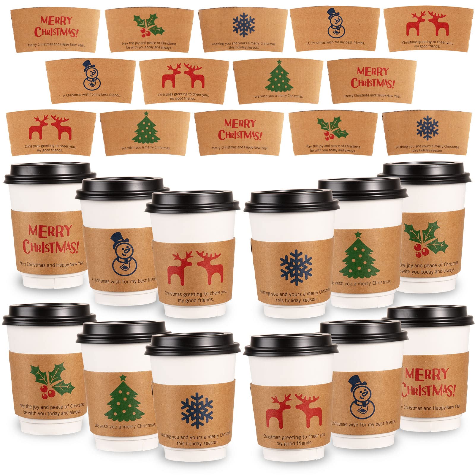 Whaline Christmas Coffee Tea Cup Sleeves 30 Pack Kraft Disposable Paper Cup Sleeves 6 Designs for 12 and 16oz Corrugated Cup Paper Jacket for Hot Chocolate Cocoa or Cold Beverage