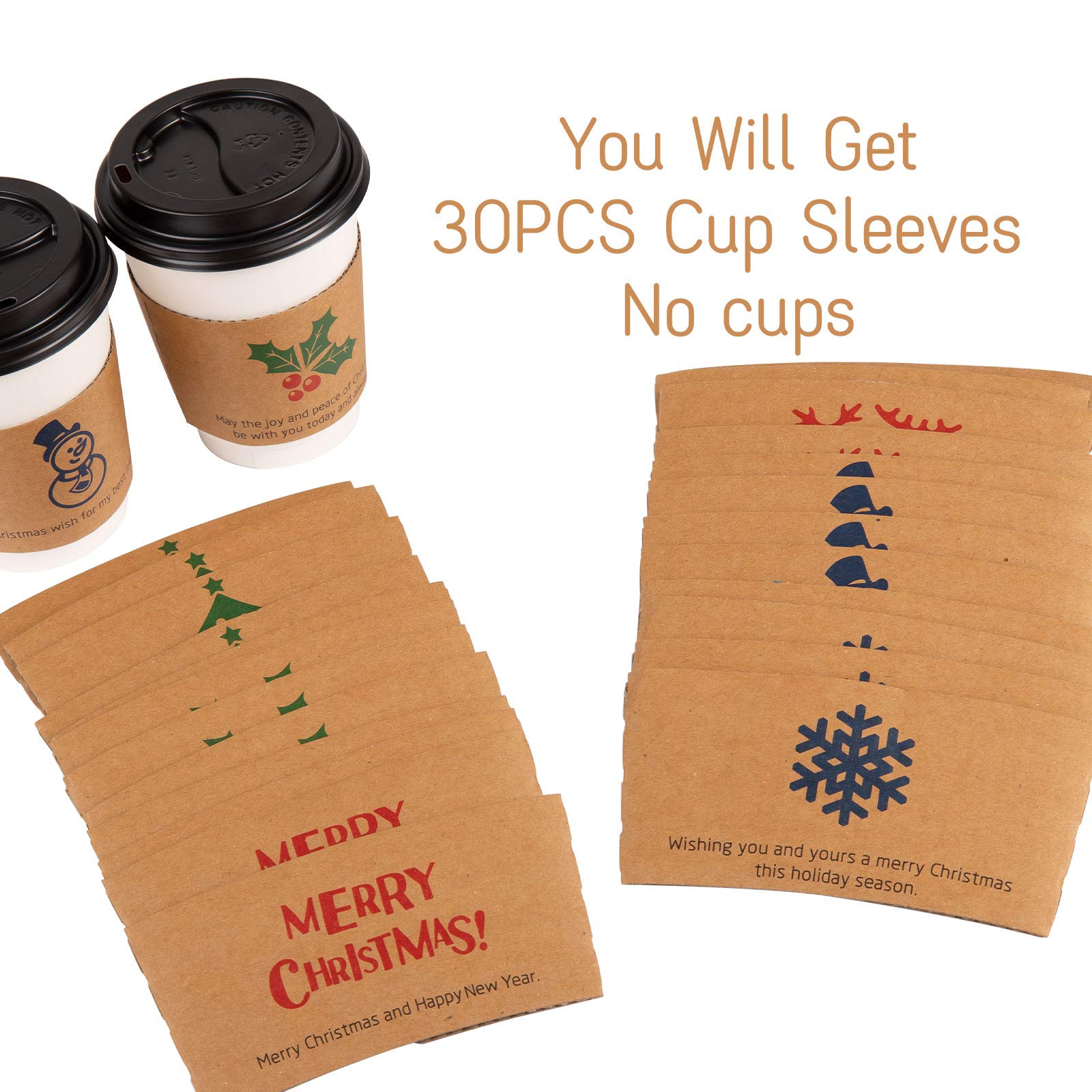 Whaline Christmas Coffee Tea Cup Sleeves 30 Pack Kraft Disposable Paper Cup Sleeves 6 Designs for 12 and 16oz Corrugated Cup Paper Jacket for Hot Chocolate Cocoa or Cold Beverage