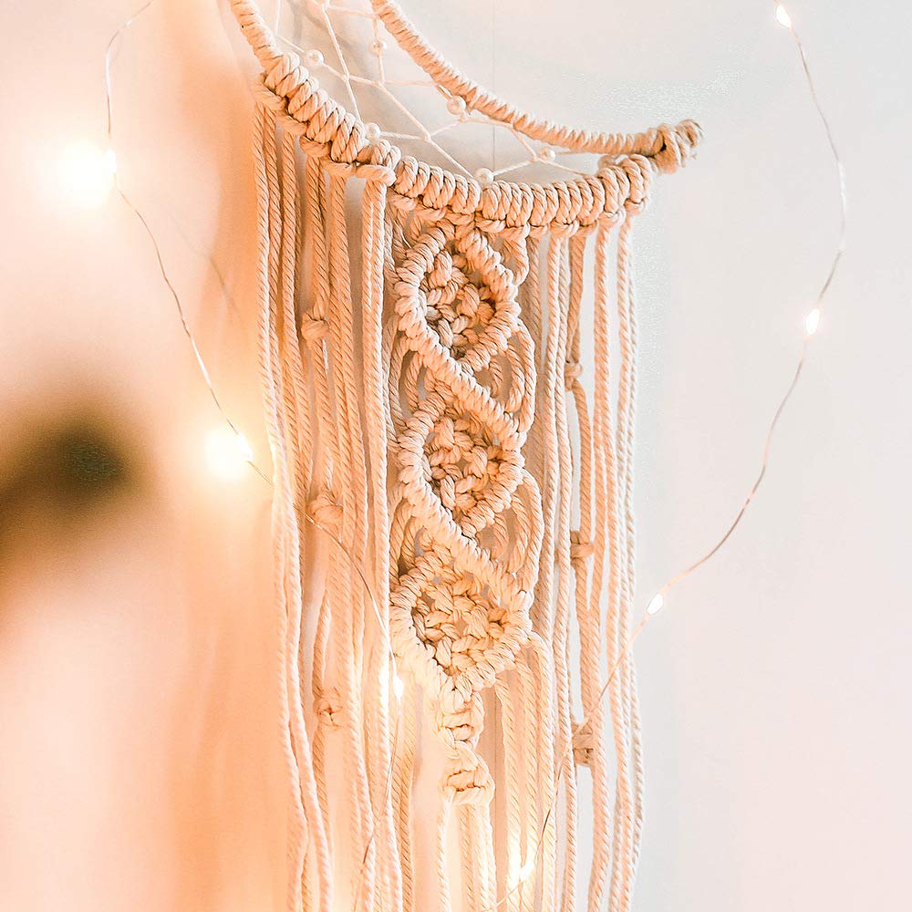 Boho Macrame Woven Wall Hanging, Crochet Crescent Moon Star Dream Catcher with Long Tassel- White Cotton Handmade Bohemian Nursery Decor Decoration Art Craft for Kids Bedroom Dorm Room