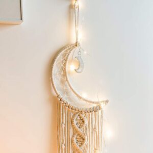 Boho Macrame Woven Wall Hanging, Crochet Crescent Moon Star Dream Catcher with Long Tassel- White Cotton Handmade Bohemian Nursery Decor Decoration Art Craft for Kids Bedroom Dorm Room