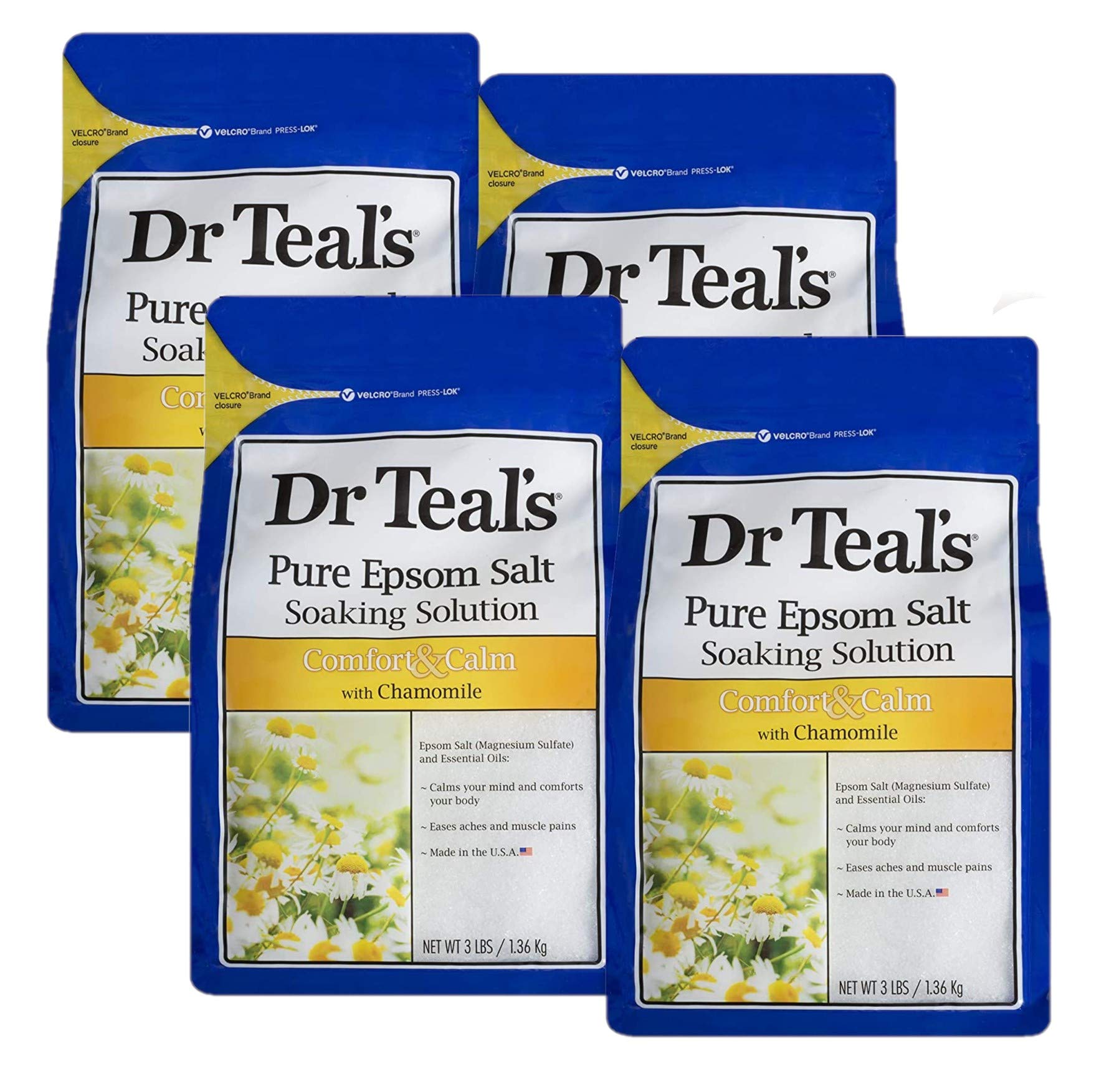 Dr. Teal's Comfort & Calm Bath Soak Gift Set (4 Pack, 3lbs Ea.) - Chamomile Essential Oils Blended with Pure Epsom Salt - Calm Your Mind & Body, Ease Aches & Pains - at Home Spa Kit