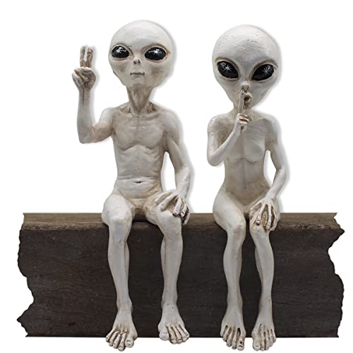 John Bernard & Company Alien Invasion Shelf Sitters 'Peace & Quiet' 10” H UFO Garden Alien Statues Figurine Set Funny Home and Garden Décor – Antique White