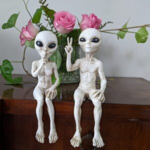 John Bernard & Company Alien Invasion Shelf Sitters 'Peace & Quiet' 10” H UFO Garden Alien Statues Figurine Set Funny Home and Garden Décor – Antique White