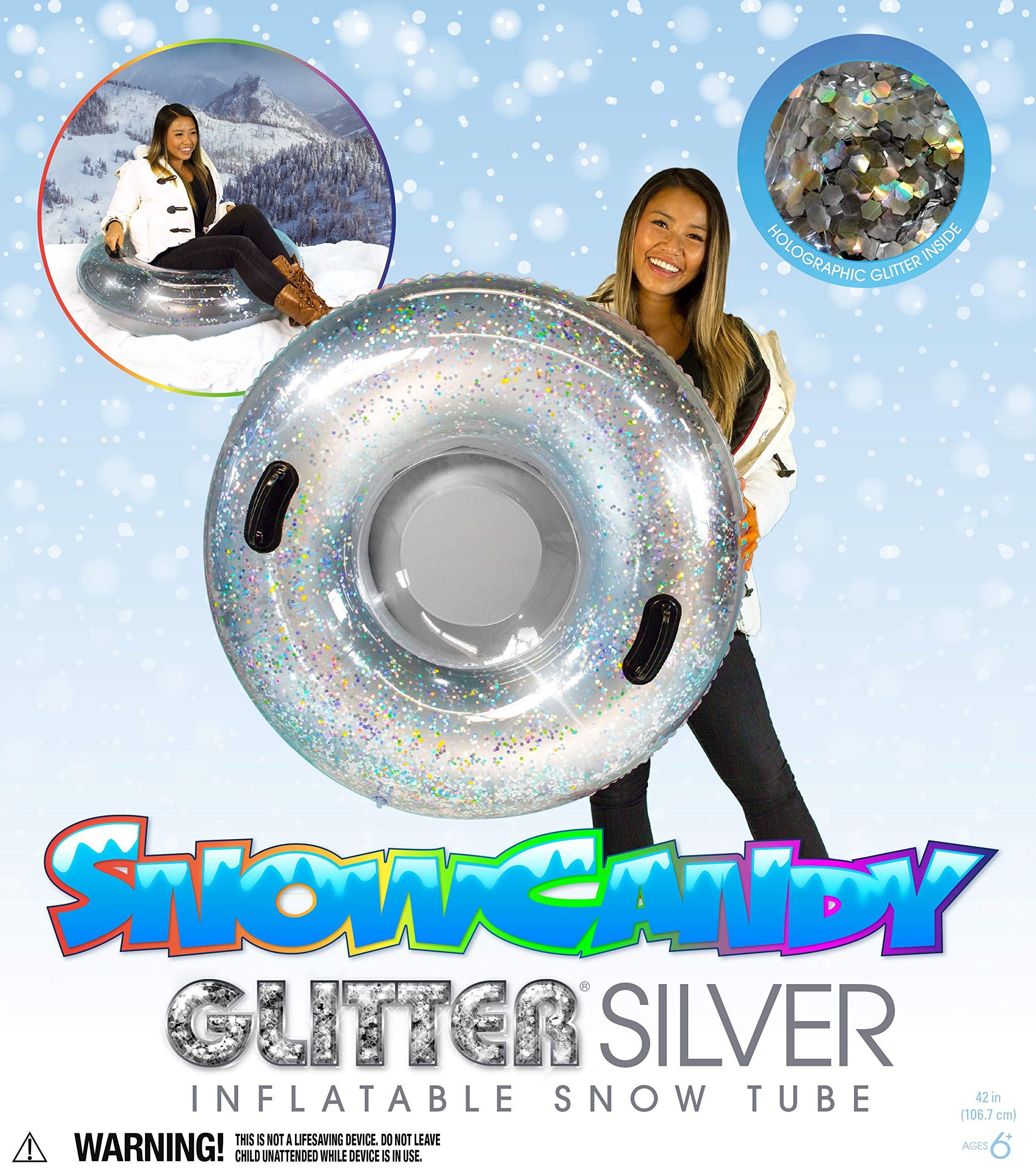 SnowCandy Inflatable Summer & Winter Outdoor Sleds, Tubes, & Floats. The Inflatable Toy Rated for The Beach or The Snow Slopes (Silver Glitter Large Snow Tube & Pool Beach Float)