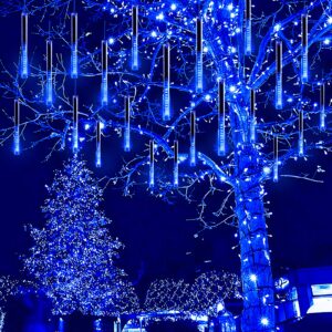 kwaiffeo christmas lights, meteor shower lights 12 inch 8 tube rain falling icicle cascading lights for xmas tree halloween decoration wedding party, christmas decorations outdoor yard, ul plug blue