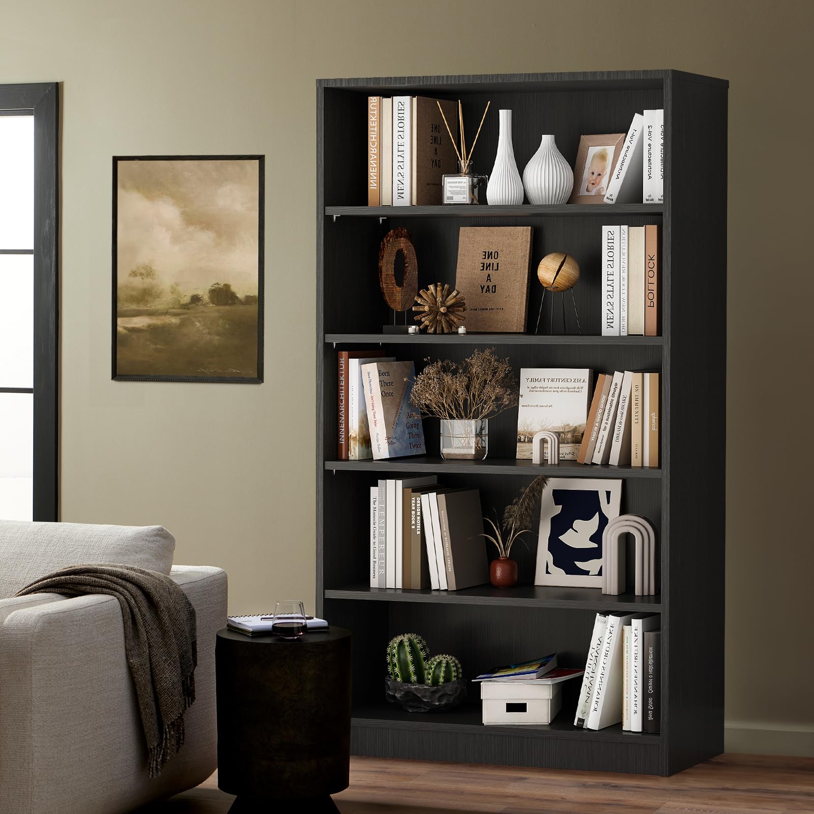 Bookcases and Book Shelves 5 Shelf, Corner Wood Storage Bookshelf Open Large Bookcase Closed Back Shelves Big Book Case for Bedroom Living Room 33" Wide 60" Tall High 10" Deep 5 Tier