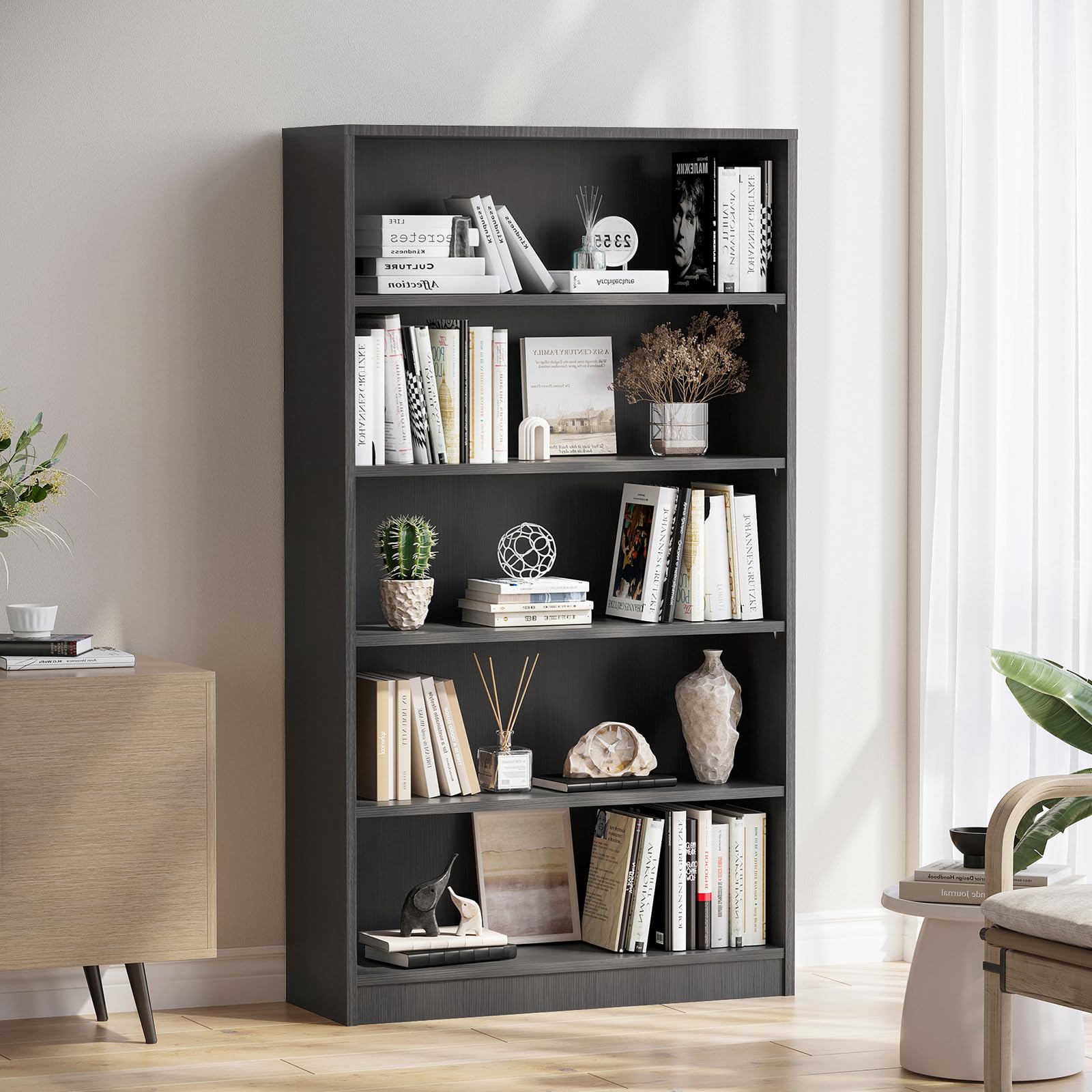 Bookcases and Book Shelves 5 Shelf, Corner Wood Storage Bookshelf Open Large Bookcase Closed Back Shelves Big Book Case for Bedroom Living Room 33" Wide 60" Tall High 10" Deep 5 Tier