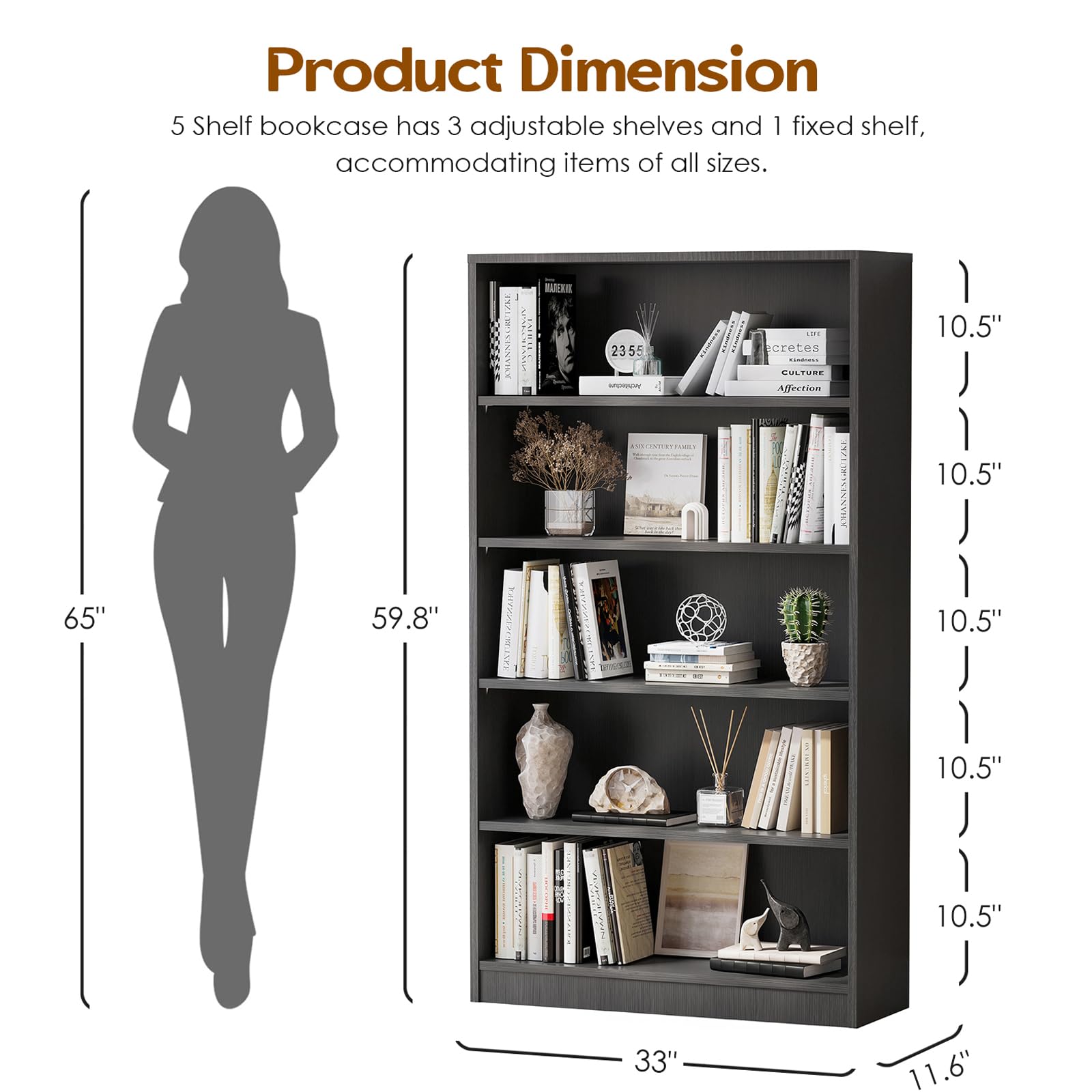 Bookcases and Book Shelves 5 Shelf, Corner Wood Storage Bookshelf Open Large Bookcase Closed Back Shelves Big Book Case for Bedroom Living Room 33" Wide 60" Tall High 10" Deep 5 Tier