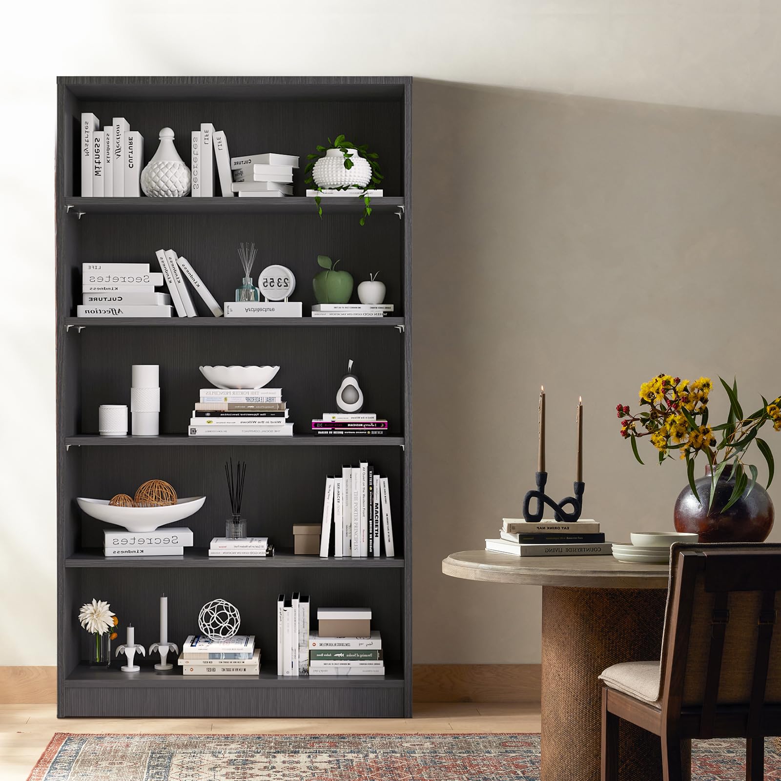 Bookcases and Book Shelves 5 Shelf, Corner Wood Storage Bookshelf Open Large Bookcase Closed Back Shelves Big Book Case for Bedroom Living Room 33" Wide 60" Tall High 10" Deep 5 Tier