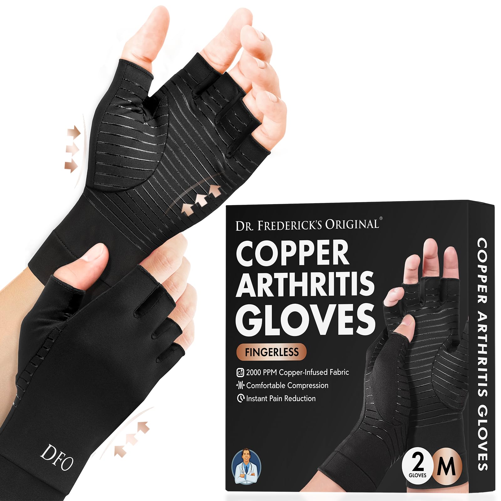 Dr. Frederick's Original Copper Arthritis Glove - 2 Gloves - Perfect Computer Typing Gloves - Fit Guaranteed - Medium