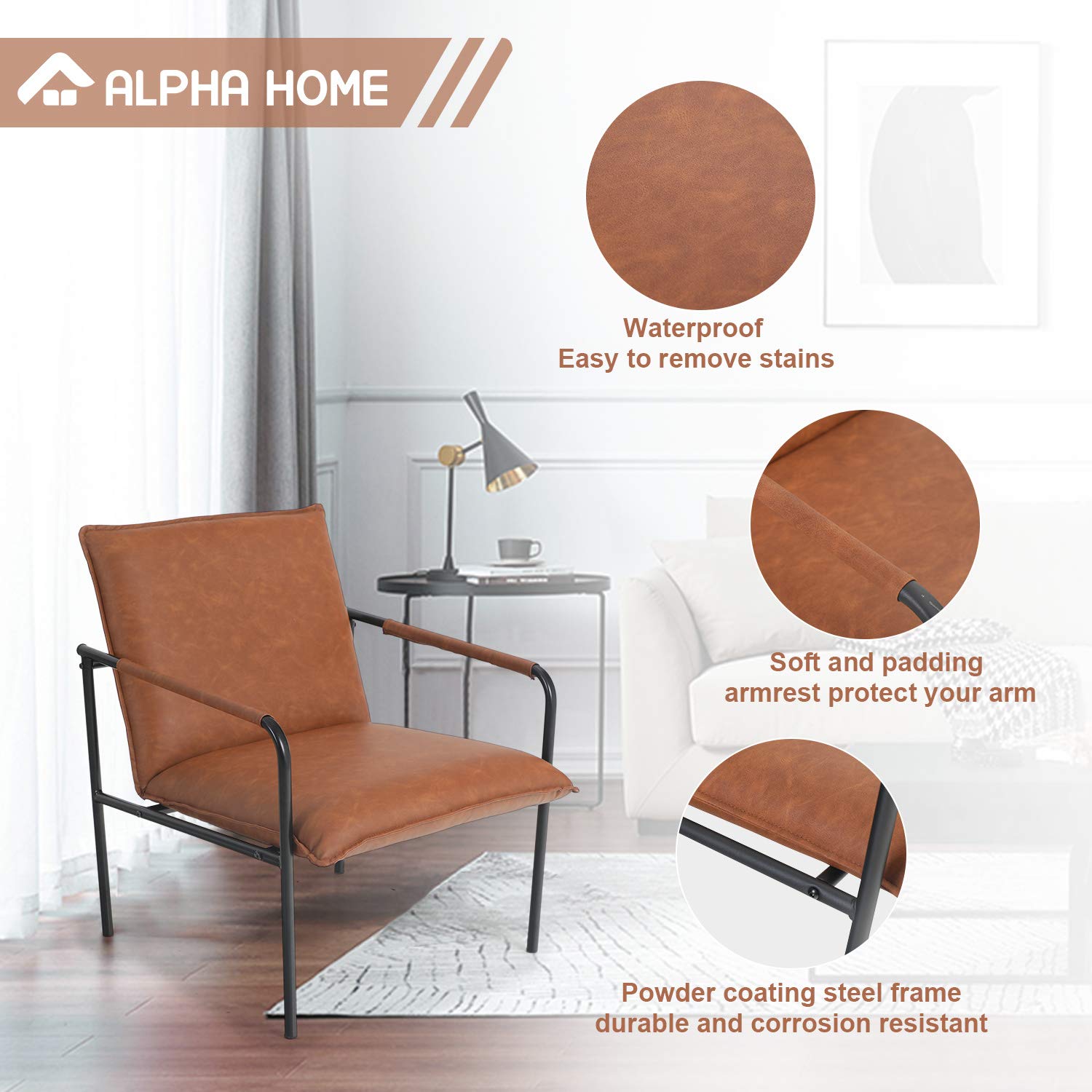 ALPHA HOME Accent Chair Sofa Chair Lounge Chair with Metal Leg for Home Office Study Living Room Vanity Bedroom,Brown