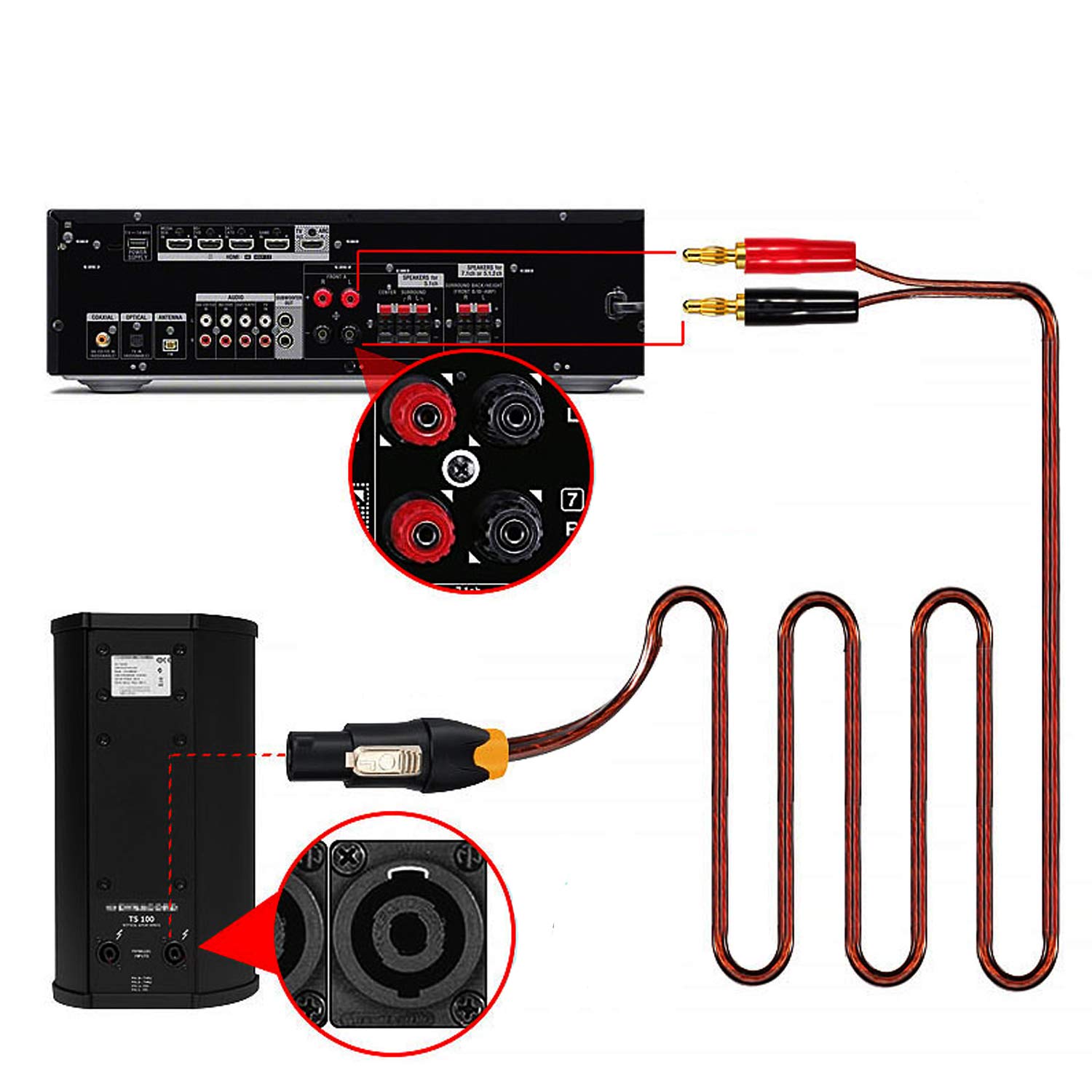 XMSJSIY Speakon to Banana Speaker Cable, Banana to Speakon Male Speaker Wire Audio Adapter Amplifier Connection Cord for DJ/PA with Twist Lock -2.0 Meter (Speakon Male to Banana)